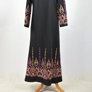 1970s TREVIRA 2000 Black Knit Long BOHEMIAN Dress With Fuchsia & Gold ...