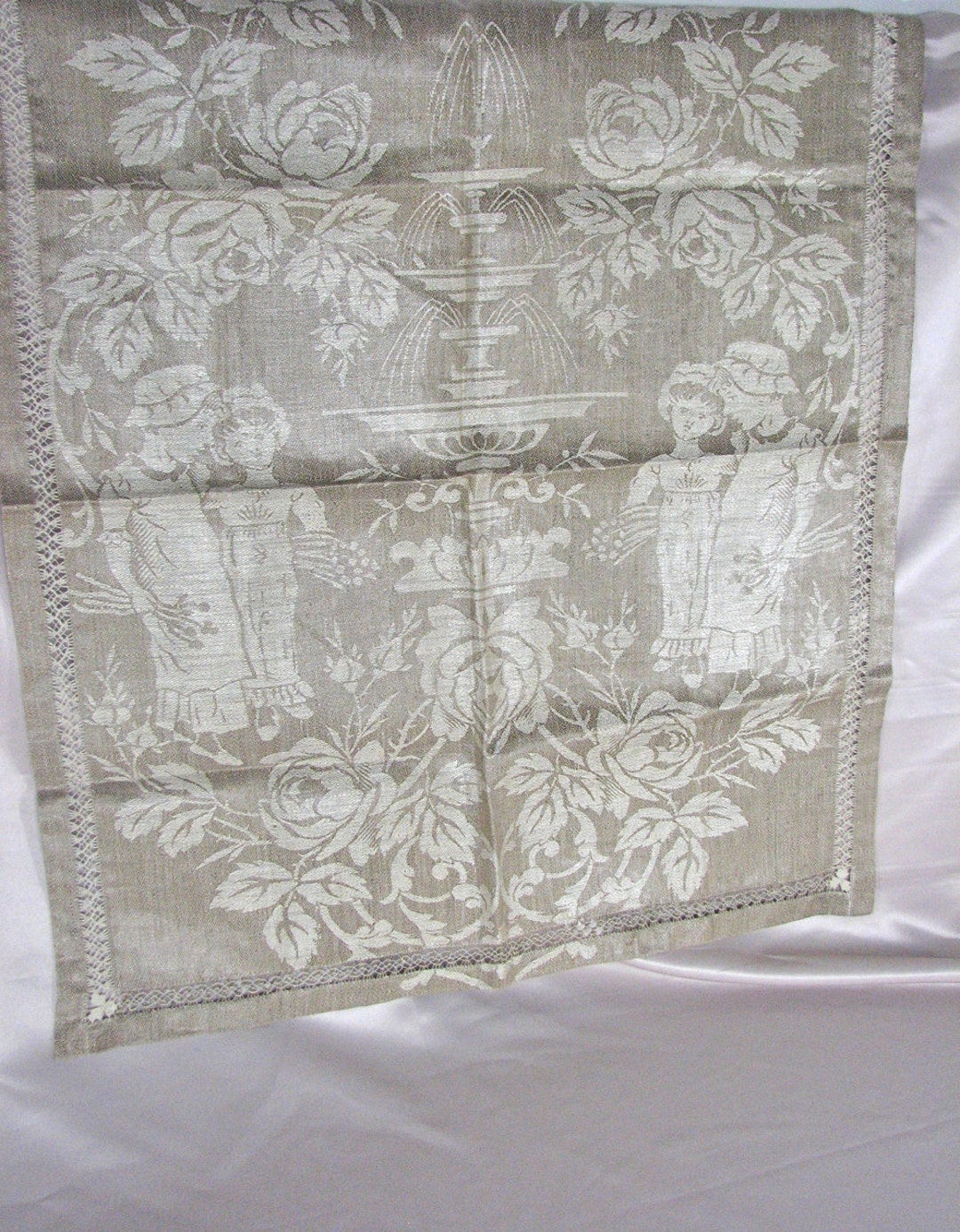 Kate Greenway Style Oversized Damask Linen Towel With Teneriffe Lace ...