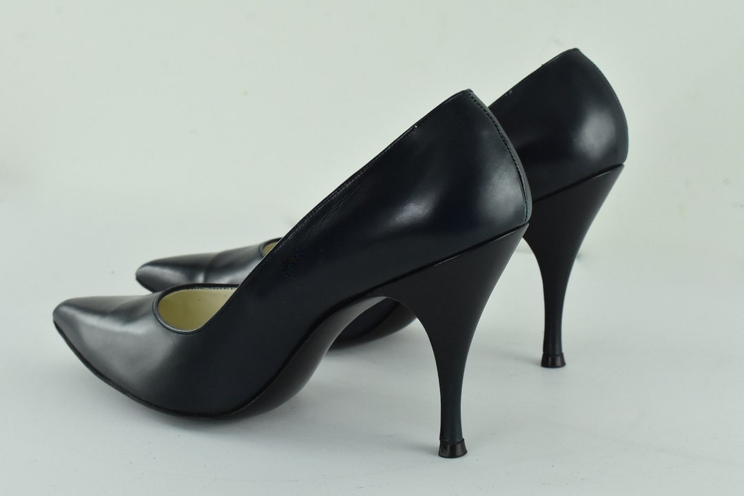 1960s Navy Leather Stilettos ..... Hand Sewn House of Customcraft ...