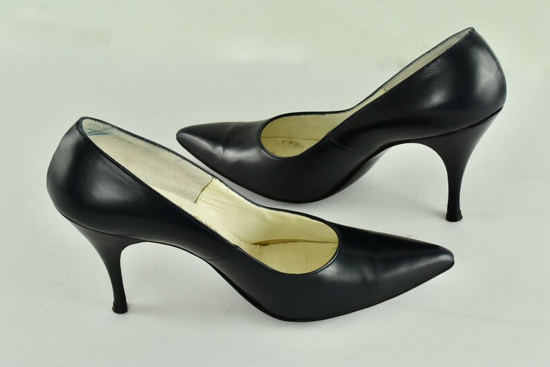 1960s Navy Leather Stilettos ..... Hand Sewn House of Customcraft ...