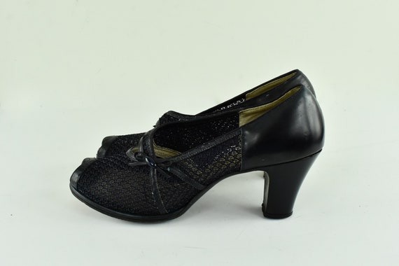 1940s Navy Blue Mesh & Leather Peep-Toe Pumps by SELB… - Gem