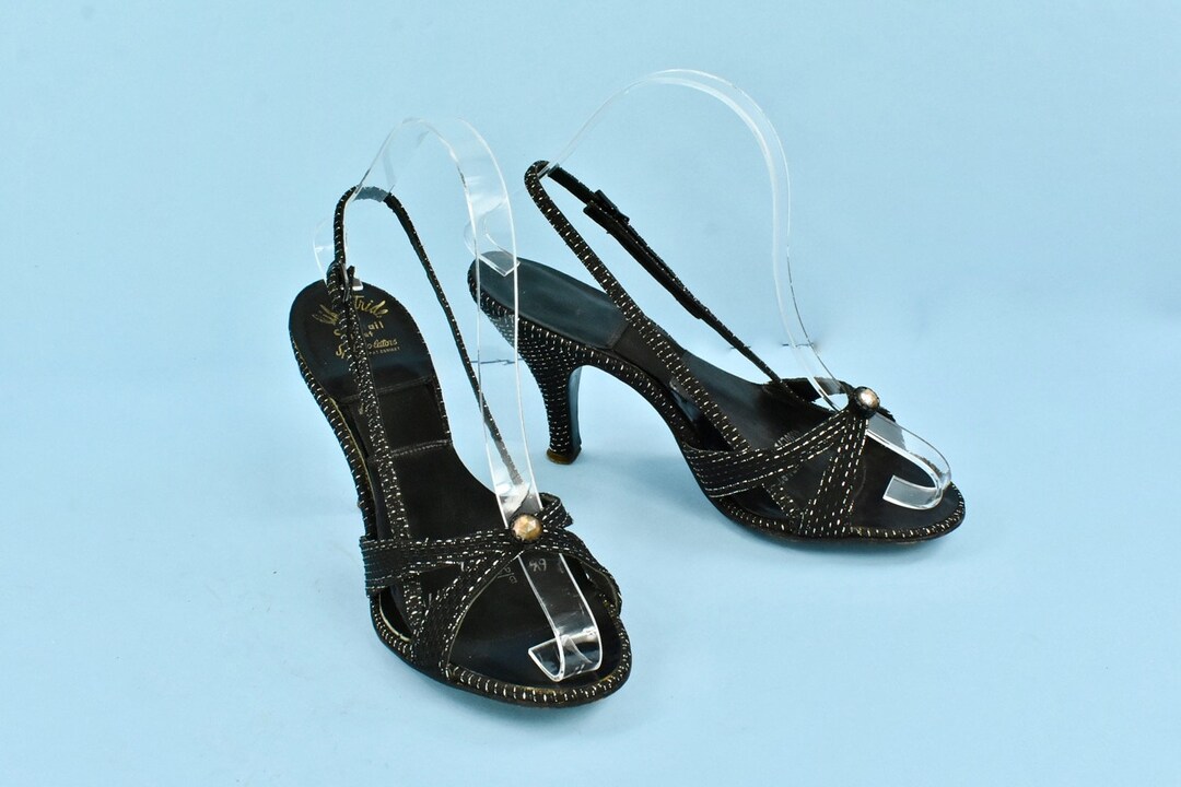 1950s SPRINGOLATOR Sandals .... Black Fabric With Metallic Silver ...