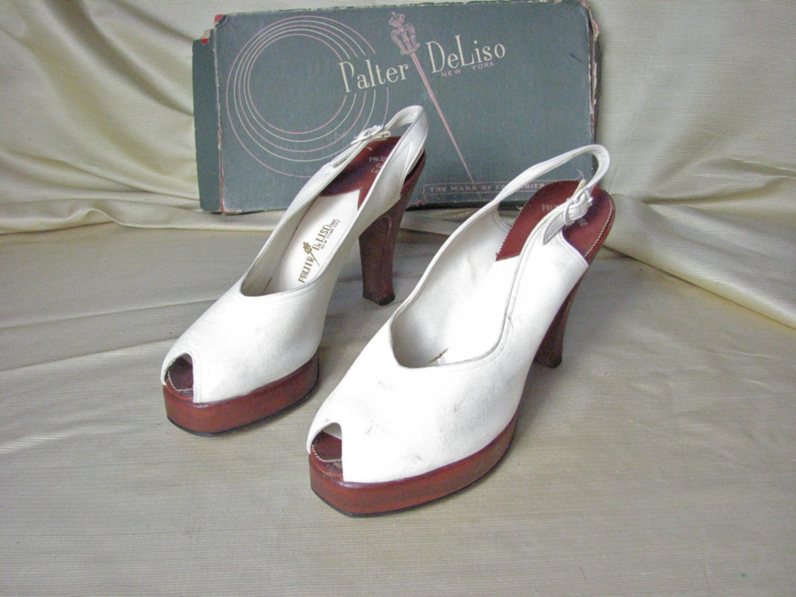 1940s Platform Palter Deliso Spectator Heels in White Suede & Caramel ...