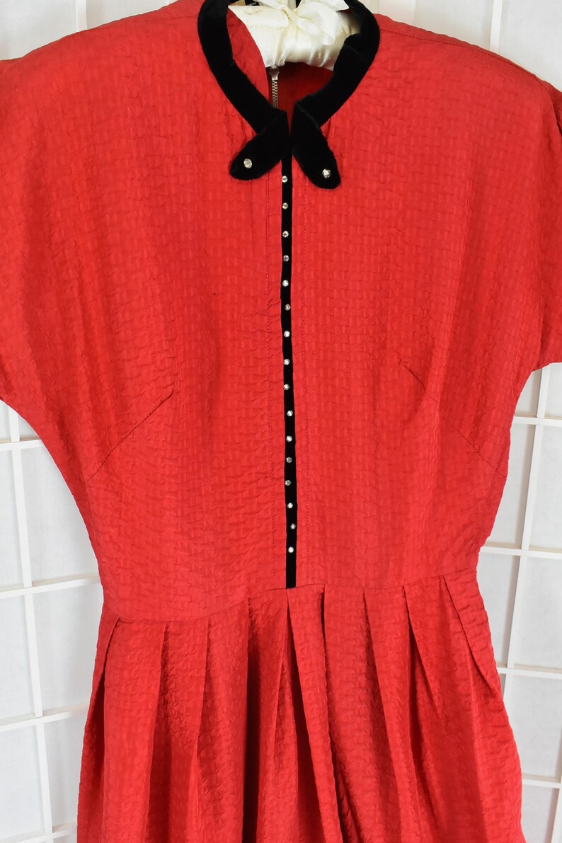 1950s Red Rayon Blend PARTY / DAY Dress With Black Velvet & Rhinestone ...