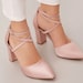 Blush Wedding Shoes, Pink Bridal Heels, Pink Strappy Heels, Satin Block ...