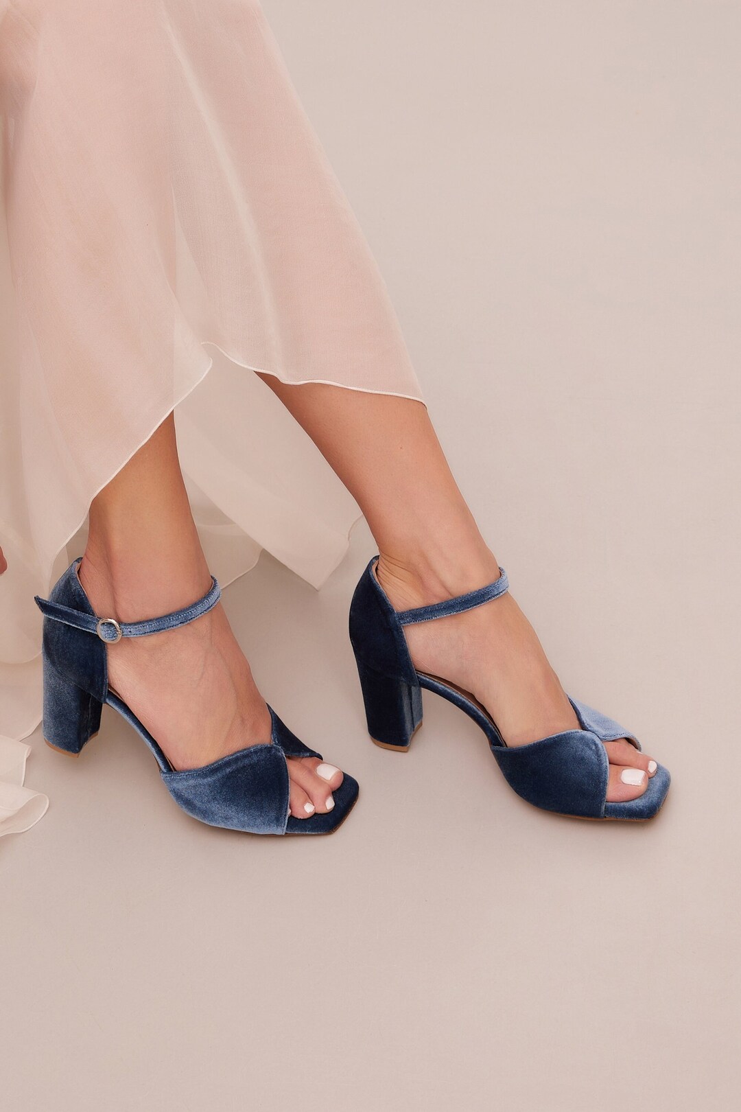 Blue Wedding Sandals, Velvet Bridal Shoes With Ankle Strap, "kore ...