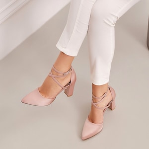 Blush Wedding Shoes, Pink Bridal Heels, Pink Strappy Heels, Satin Block ...