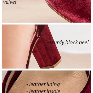 Burgundy Heels, Block Heel Bridal Shoes, Velvet Pumps, Dark Red Wedding ...