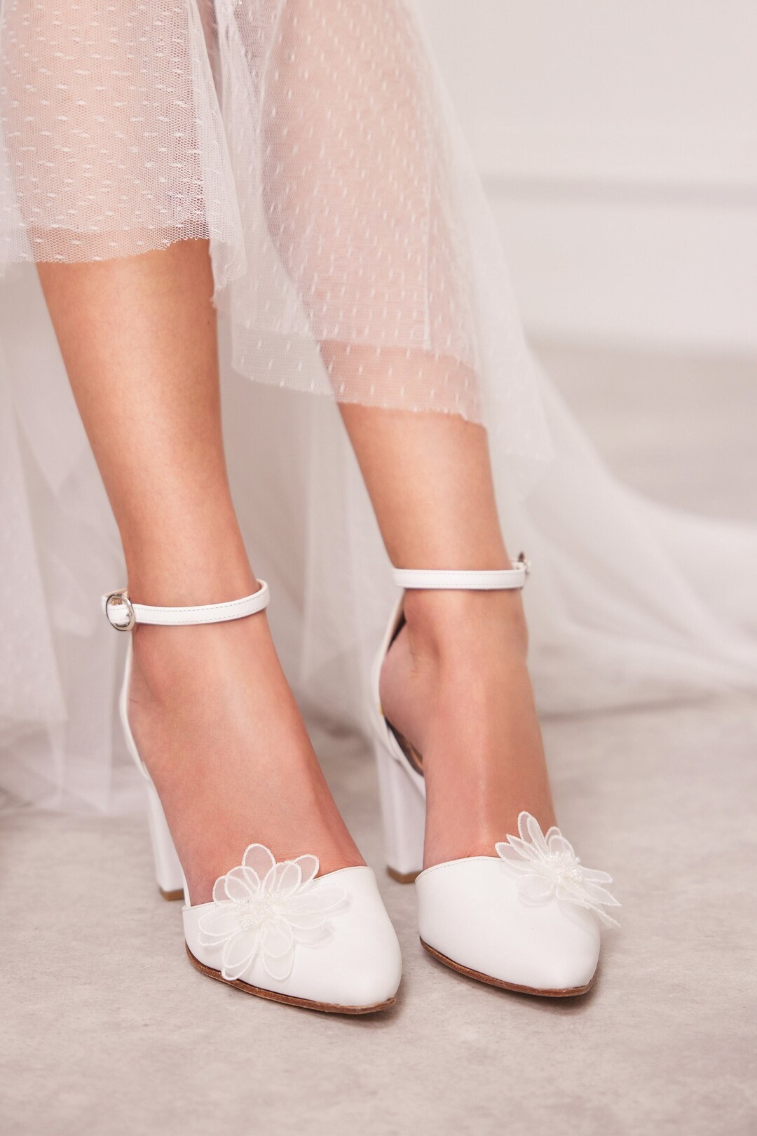 White Wedding Shoes, Pointy Wedding Pumps, Bridal Heels With Flowers ...
