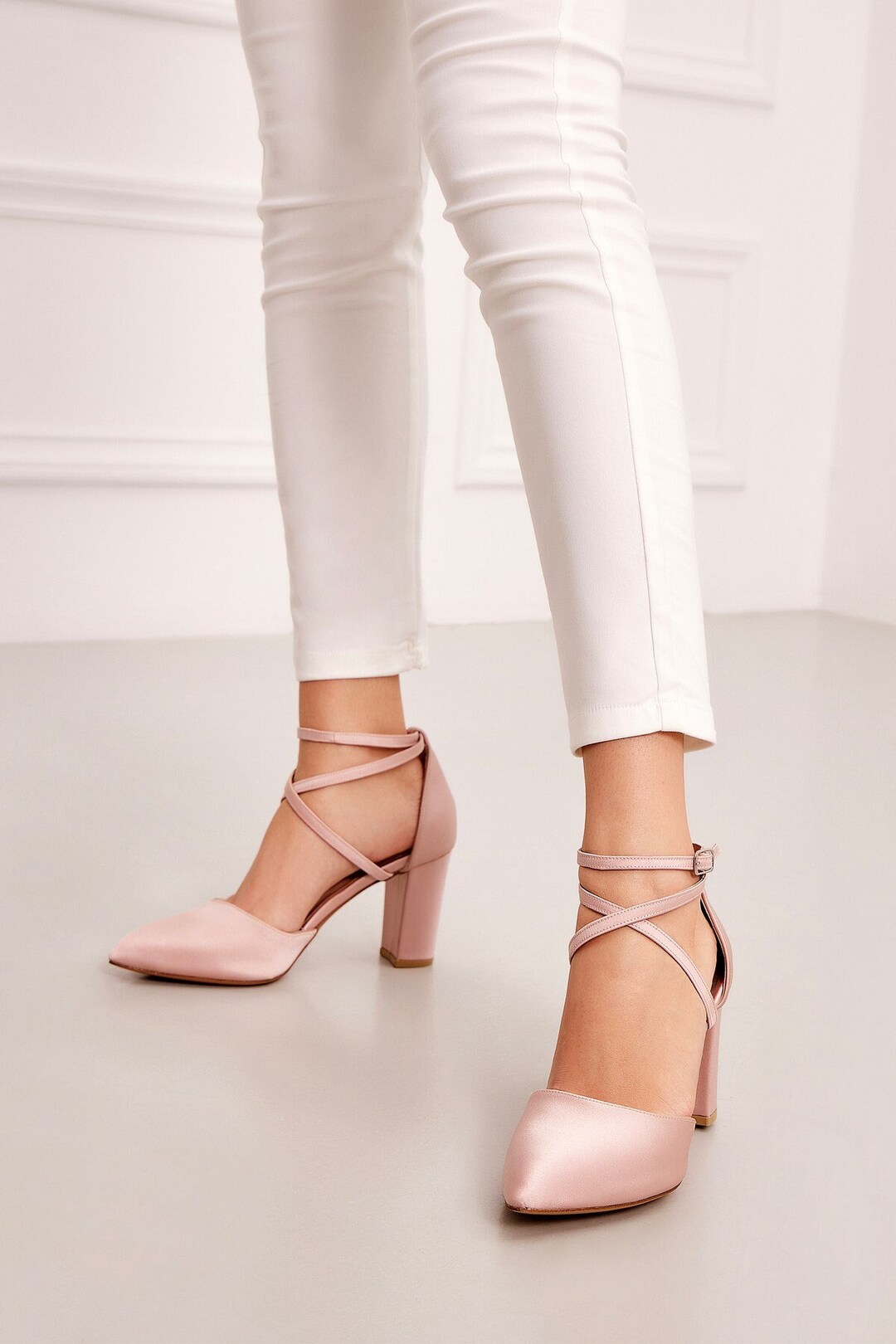 Blush Wedding Shoes, Pink Bridal Heels, Pink Strappy Heels, Satin Block ...