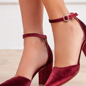 Burgundy Heels, Block Heel Bridal Shoes, Velvet Pumps, Dark Red Wedding ...