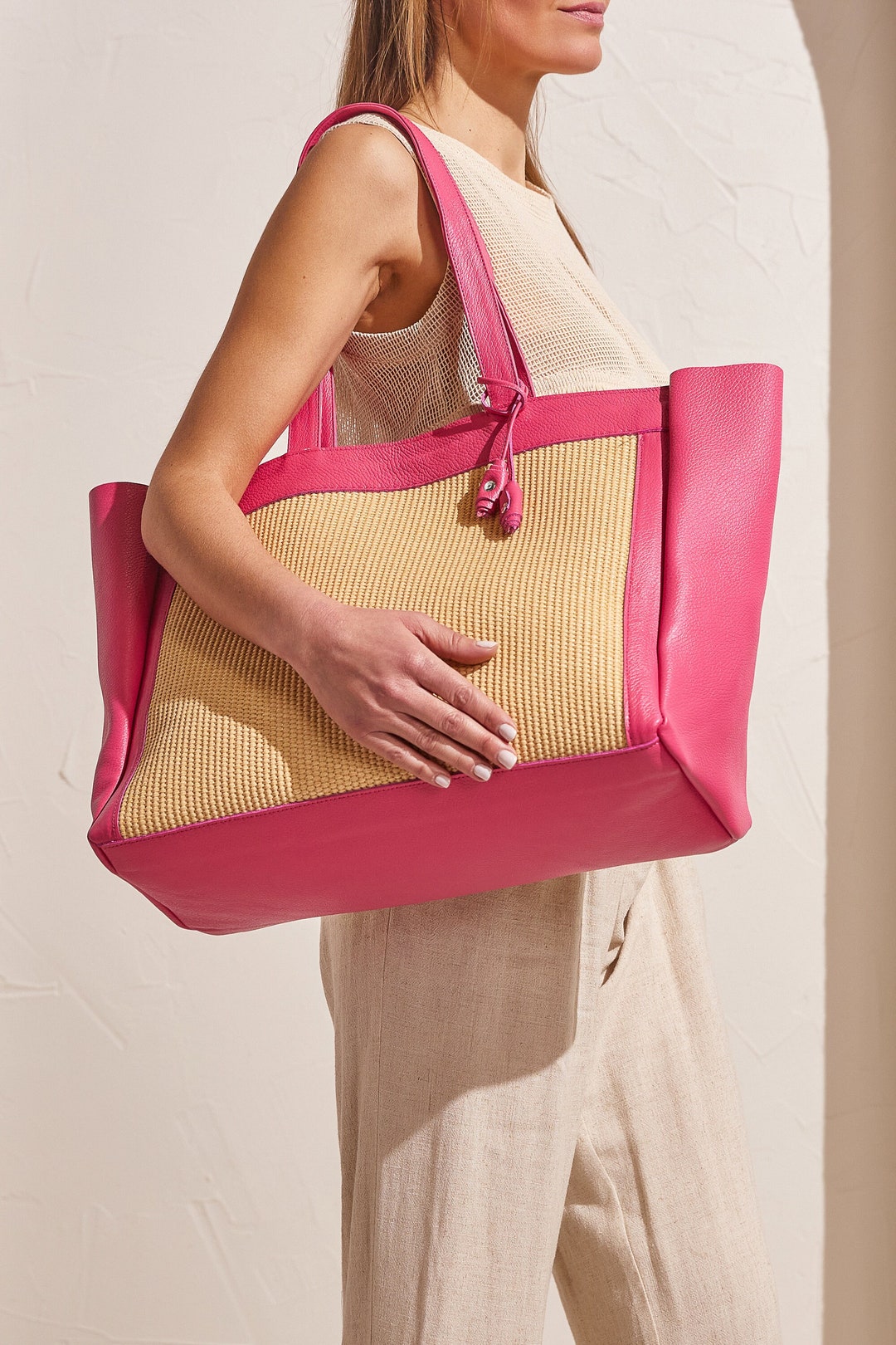 Hot Pink Leather Tote, Summer Bag With Raffia, Leather Tote Bag, Beach ...