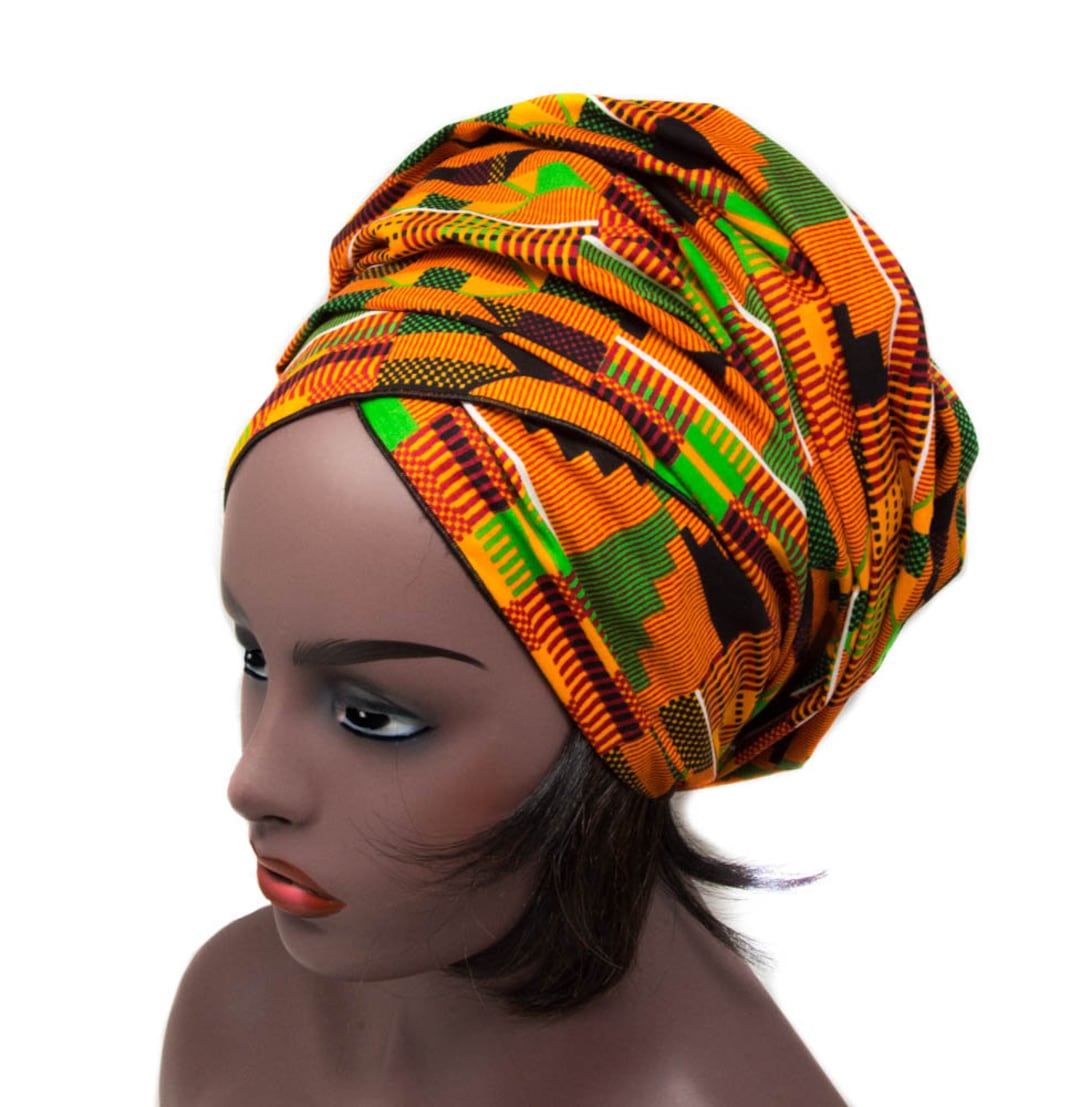 HT114 - African Head Wraps/ Orange Traditional Kente Print Headwraps ...