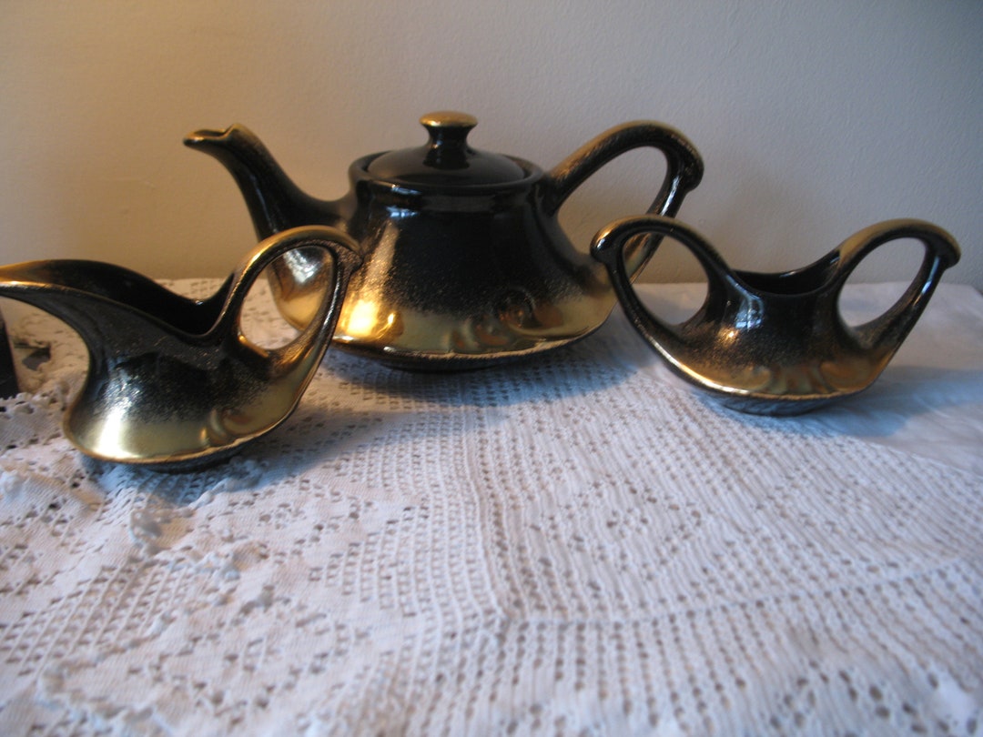 Black and Gold Tea Service From Beauce. Vintage Canadian Pottery. Sugar ...