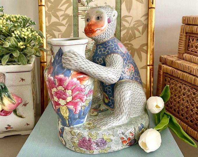 Tobacco Leaf Monkey Vase, Tobacco Leaf Porcelain, Chinoiserie Monkey ...