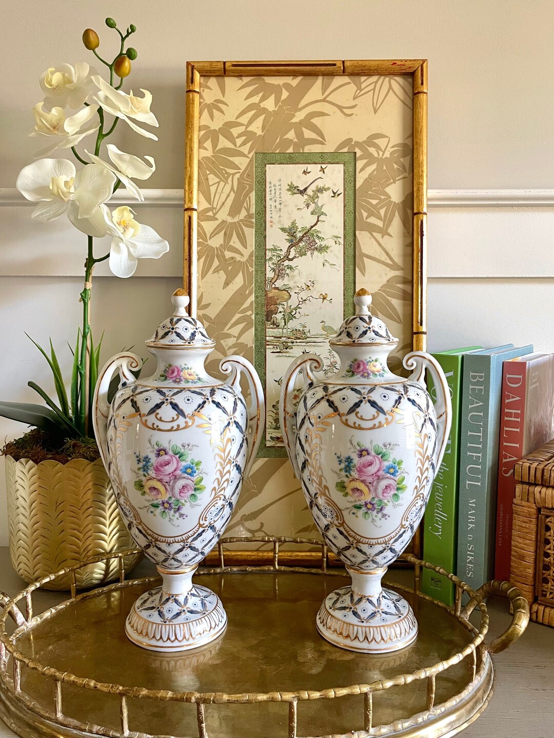 Vintage Pair Temple Jars, Mantle Jars, Ginger Jars, Vintage Urns ...