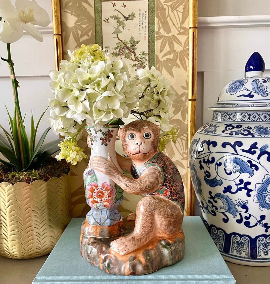 Vintage Tobacco Leaf Monkey Vase, Chinoiserie Monkey, Tobacco Leaf ...
