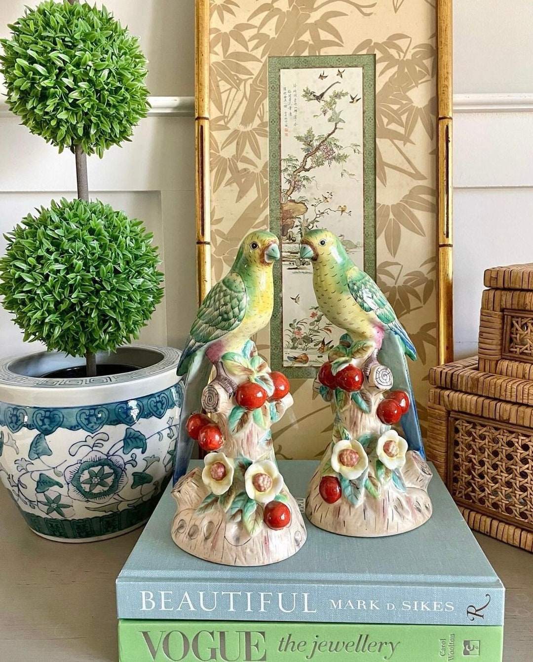 Vintage Chinoiserie Bird Pair, Chinoiserie Birds, Glazed Parrots, Book ...
