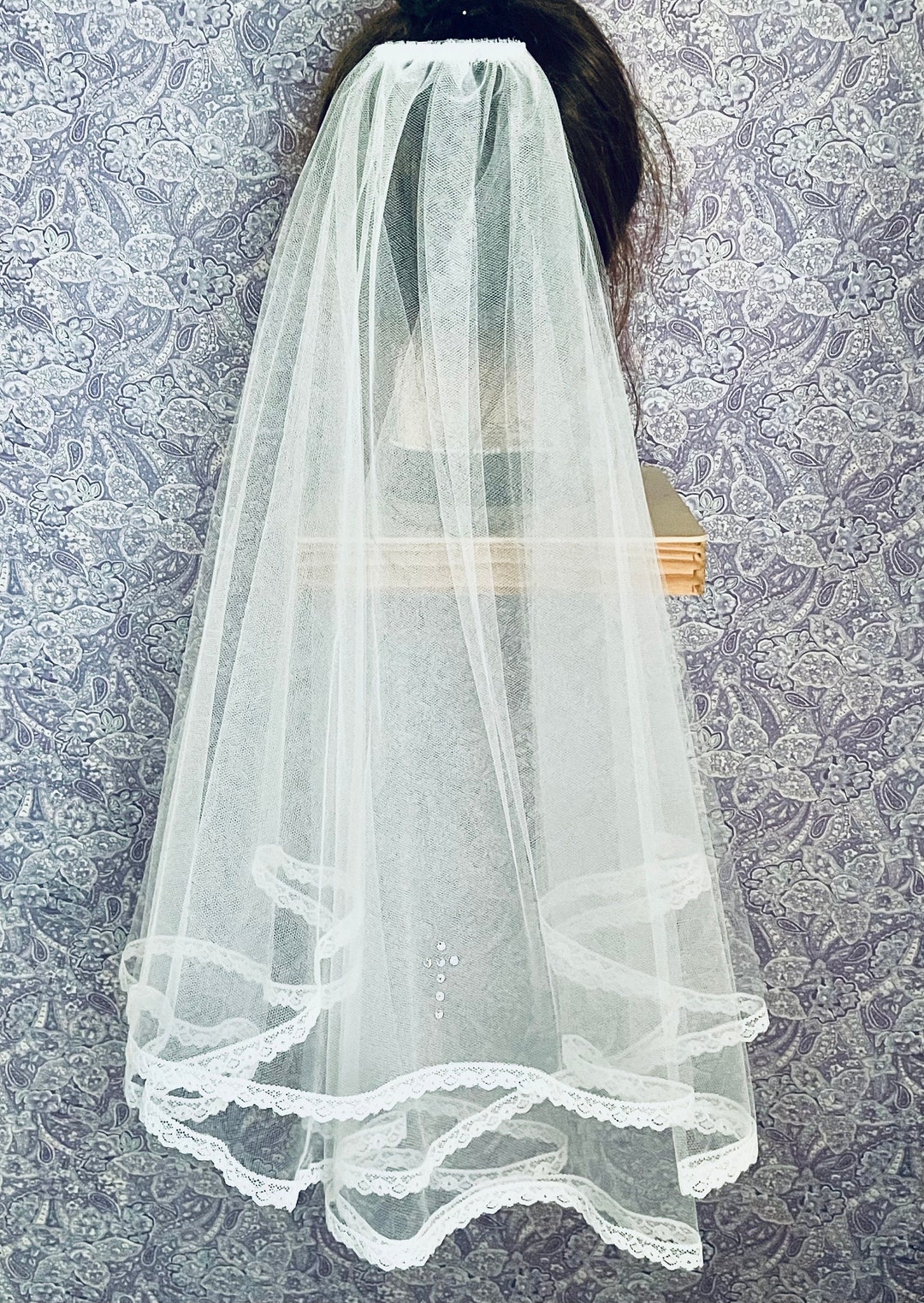 First Communion Veil WHITE With Rhinestone Cross and Lace Trim - Etsy