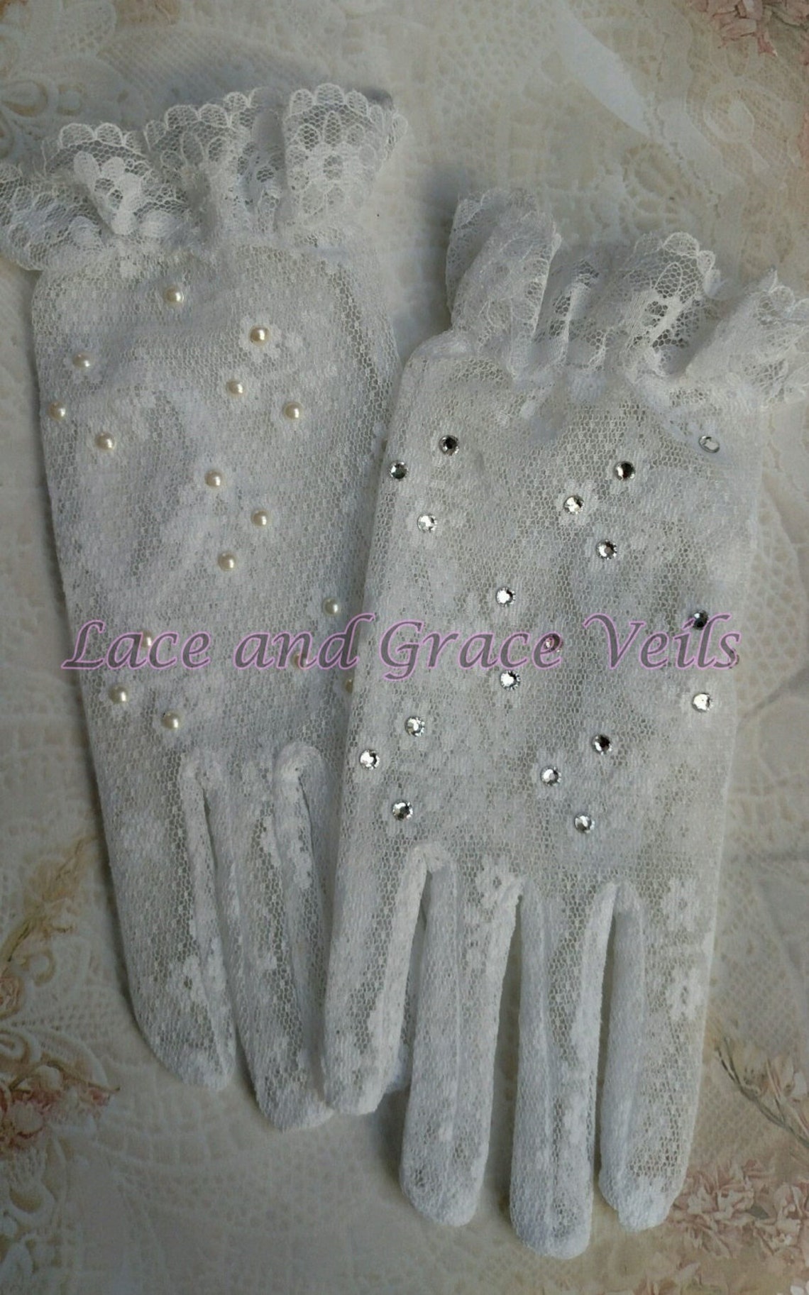 White Lace First Holy Communion Gloves With Rhinestones/pearls - Etsy