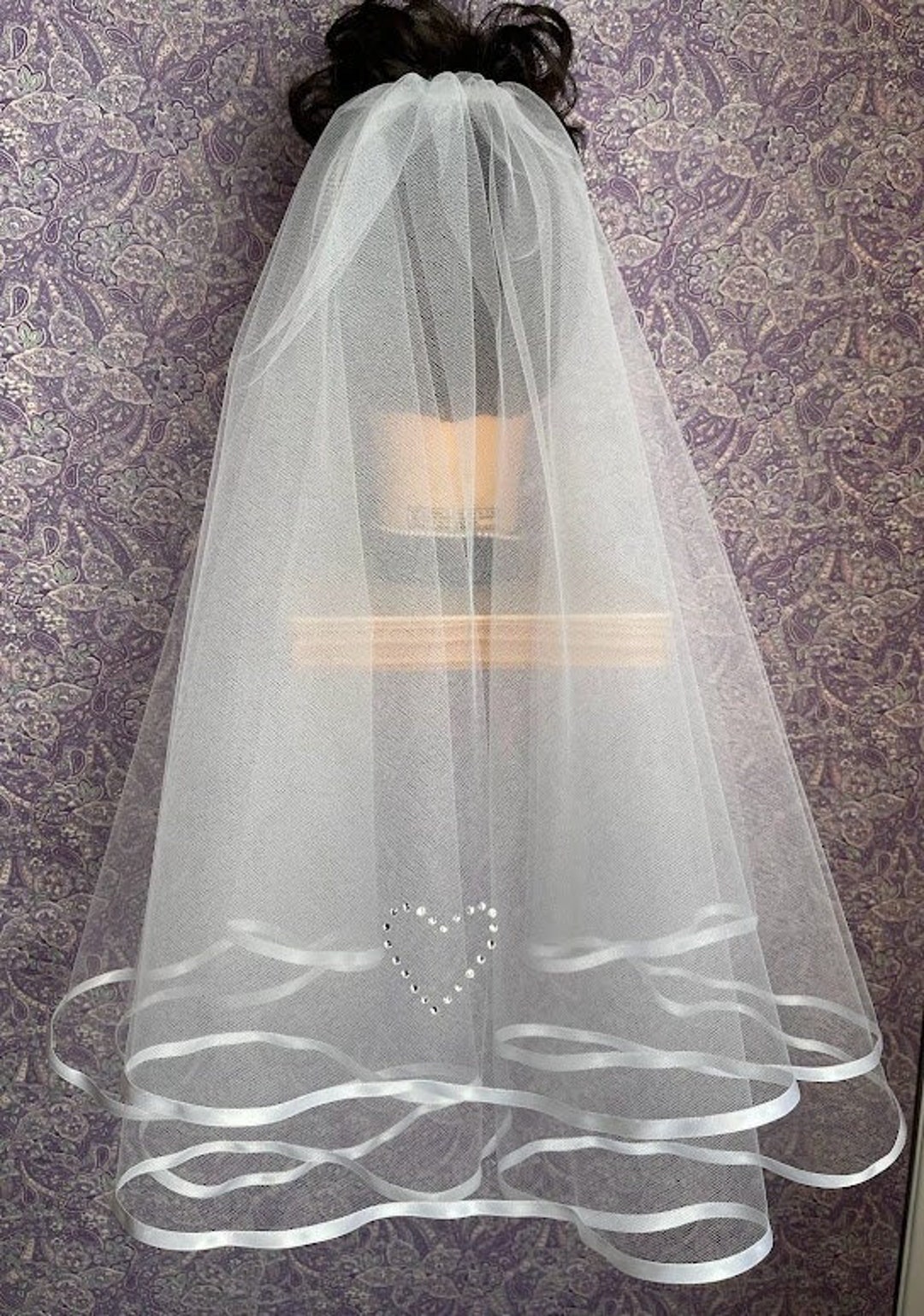 First Communion Veil WHITE With Rhinestone Heart and Satin Trim, Made ...