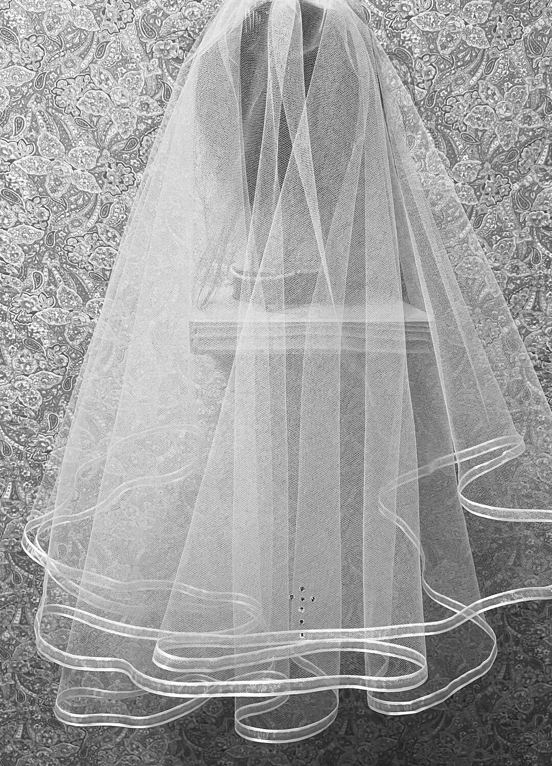 First Communion Veil WHITE With Rhinestone Cross and Satin Organza Trim ...
