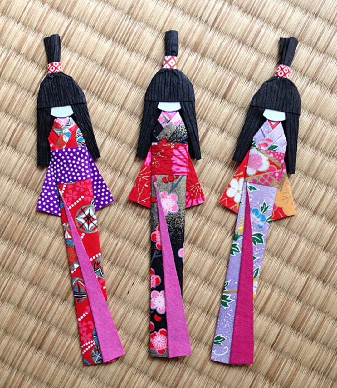 10 Japanese Handmade Origami Paper Doll Bookmarks Set all Random Colors ...
