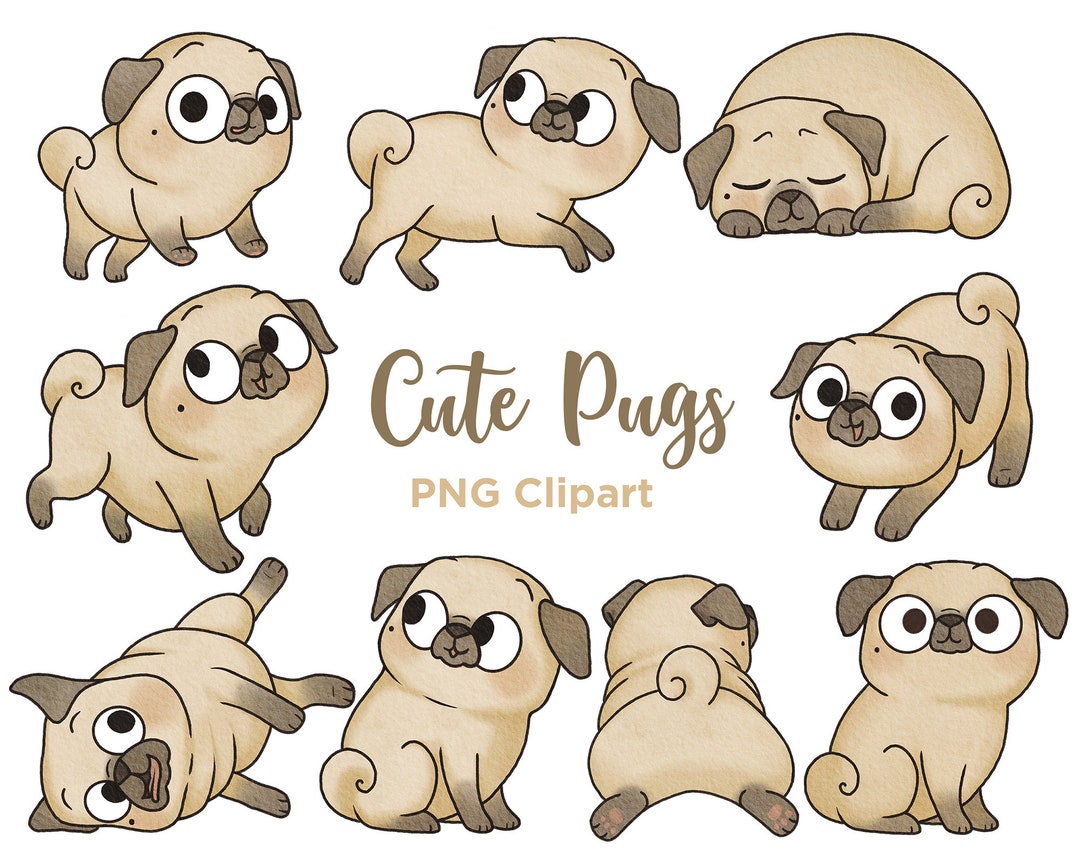 Cute Pug Watercolor Clipart, Kawaii Pugs, Pug Illustrations, Hand Drawn ...