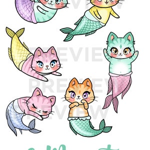 Kawaii Mercat Clipart, Cat Mermaid Clipart, Mermaid Kitty, Pastel, Cute ...