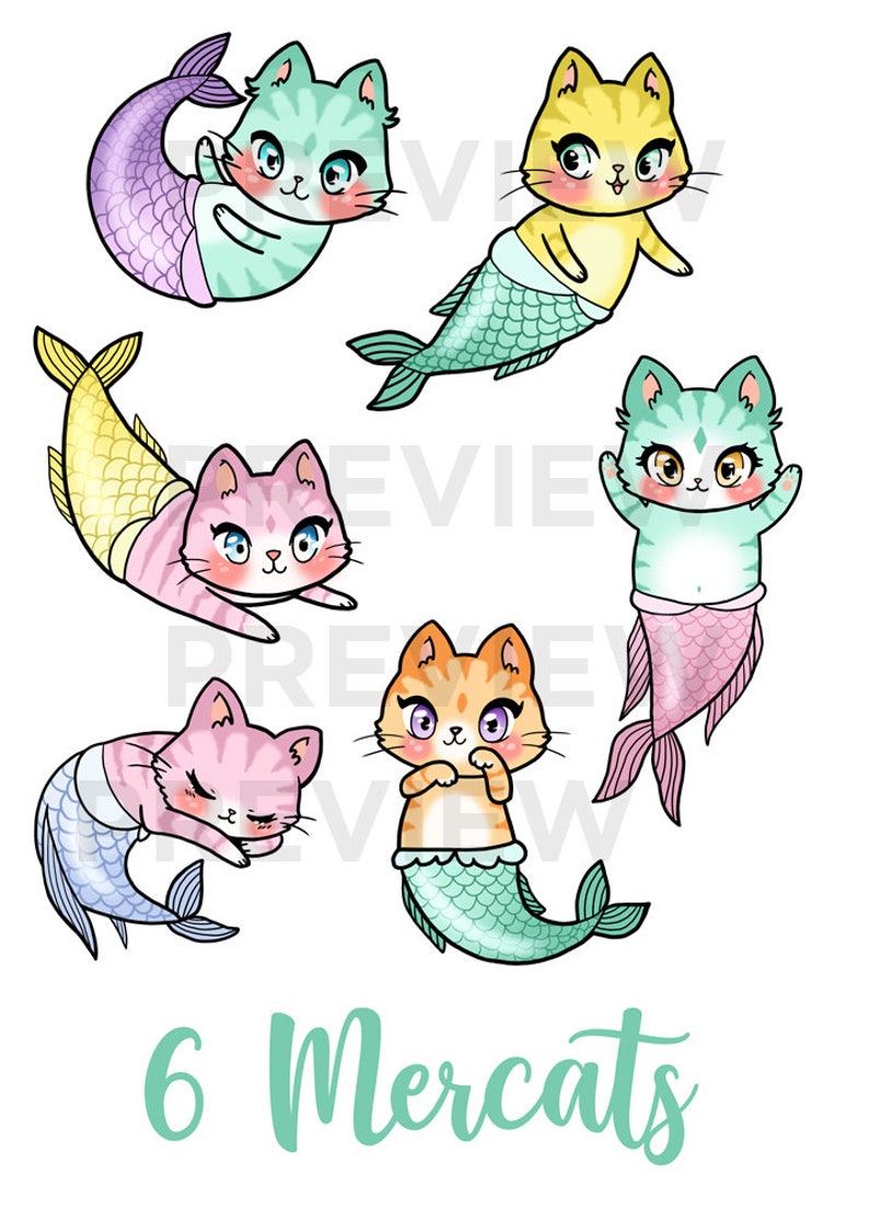Kawaii Mercat Clipart Cat Mermaid Clipart Mermaid Kitty - Etsy