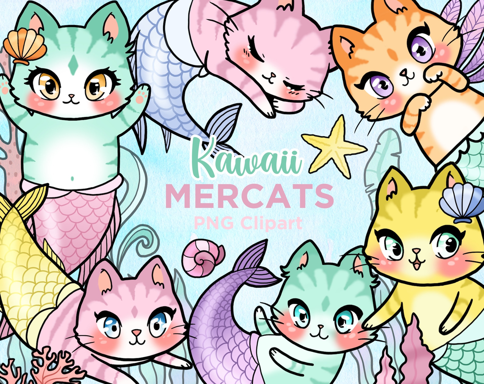 Kawaii Mercat Clipart Cat Mermaid Clipart Mermaid Kitty | Etsy