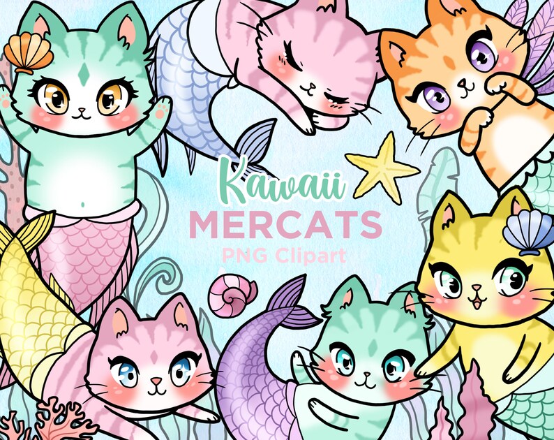 Kawaii Mercat Clipart Cat Mermaid Clipart Mermaid Kitty | Etsy