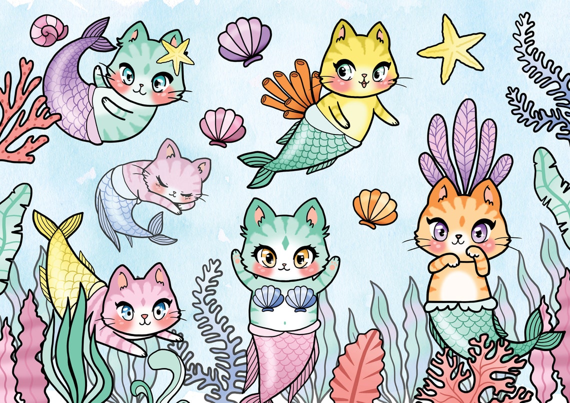 Kawaii Mercat Clipart Cat Mermaid Clipart Mermaid Kitty | Etsy
