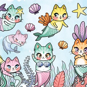 Kawaii Mercat Clipart, Cat Mermaid Clipart, Mermaid Kitty, Pastel, Cute ...