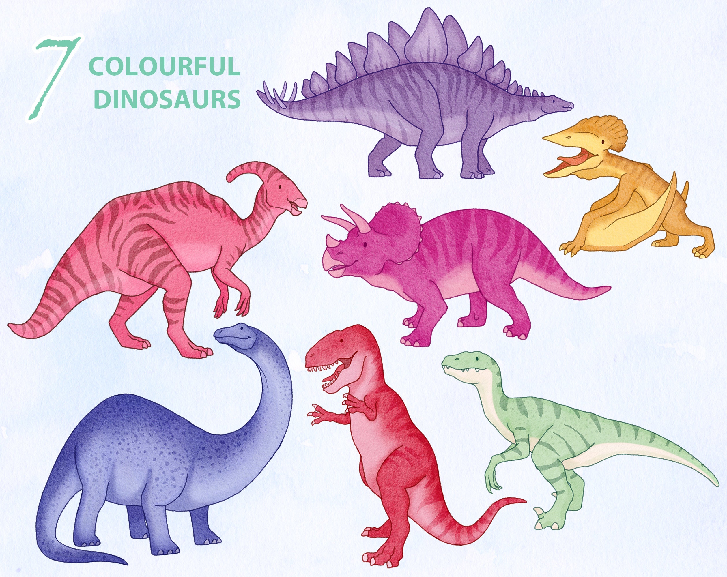 Dinosaur Clipart Colourful Dino Clip Art Watercolour - Etsy UK
