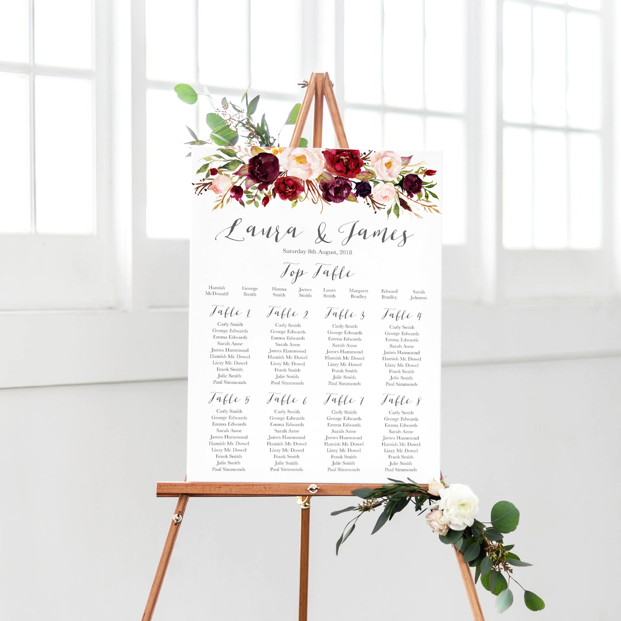 Boho Red Rose Floral Table Plan Personalised Wedding Seating - Etsy UK