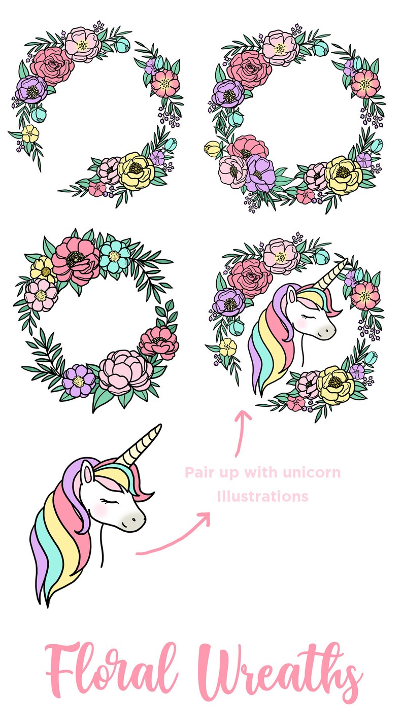Unicorn Clipart Floral Unicorn Graphics Pony Horse Pastel | Etsy