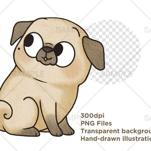 Cute Pug Watercolor Clipart, Kawaii Pugs, Pug Illustrations, Hand Drawn ...