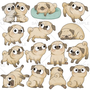 Cute Pug Watercolor Clipart, Kawaii Pugs, Pug Illustrations, Hand Drawn ...