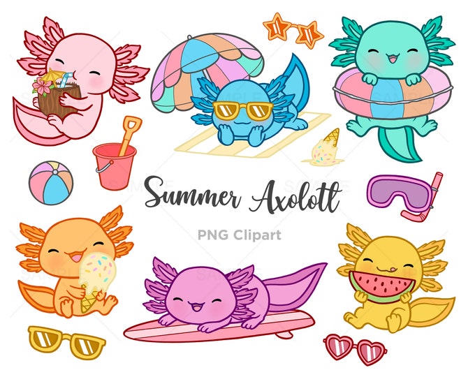Cute Axolotl Clipart, Summer, Kawaii Axolotl, Axolotl Illustrations ...