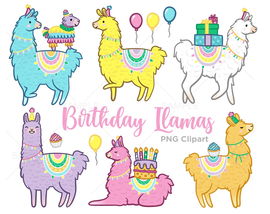 Llama Birthday Clipart, Colourful Llama Clipart, Llama Party, Cute ...