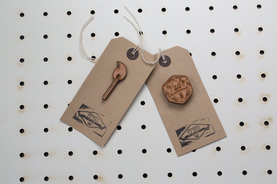 D20 Dice Pin Badge for All Adventuring Geeks ~ Wooden Laser Cut Brooch ...