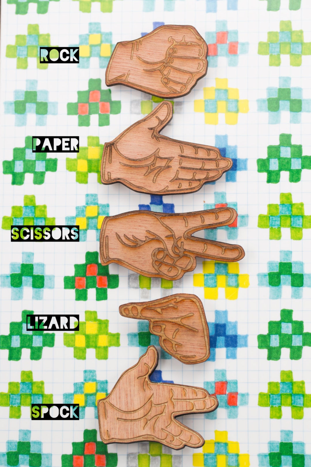 Rock, Paper, Scissors, Lizard, Spock ~ Single Wooden, Hand Brooch, for ...