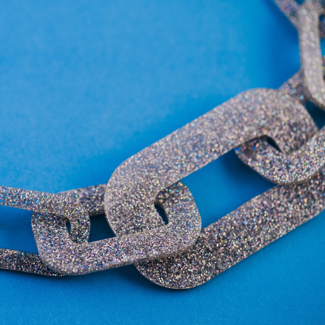 Silver Holographic Glittter Chunky Chain Statement Necklace - Laser Cut ...