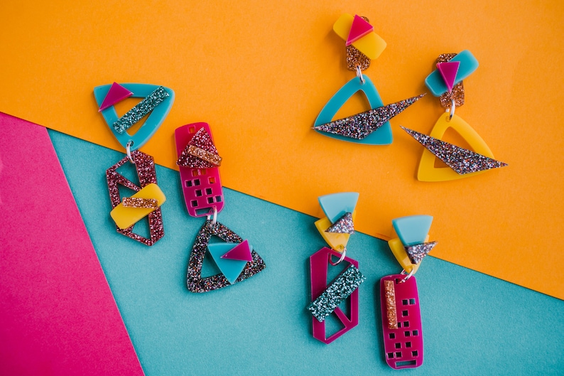 Acrylic chain necklace Memphis Collection Pink Teal | Etsy