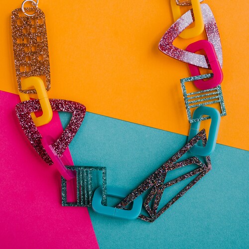 Acrylic Chain Necklace Memphis Collection Pink Teal - Etsy