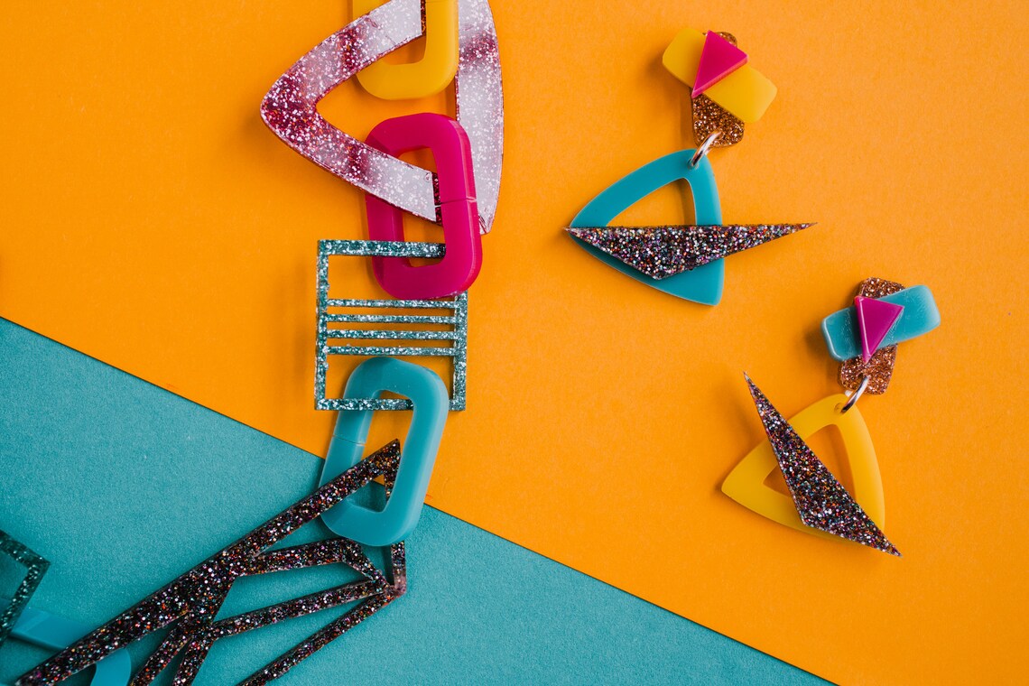 Acrylic chain necklace Memphis Collection Pink Teal | Etsy