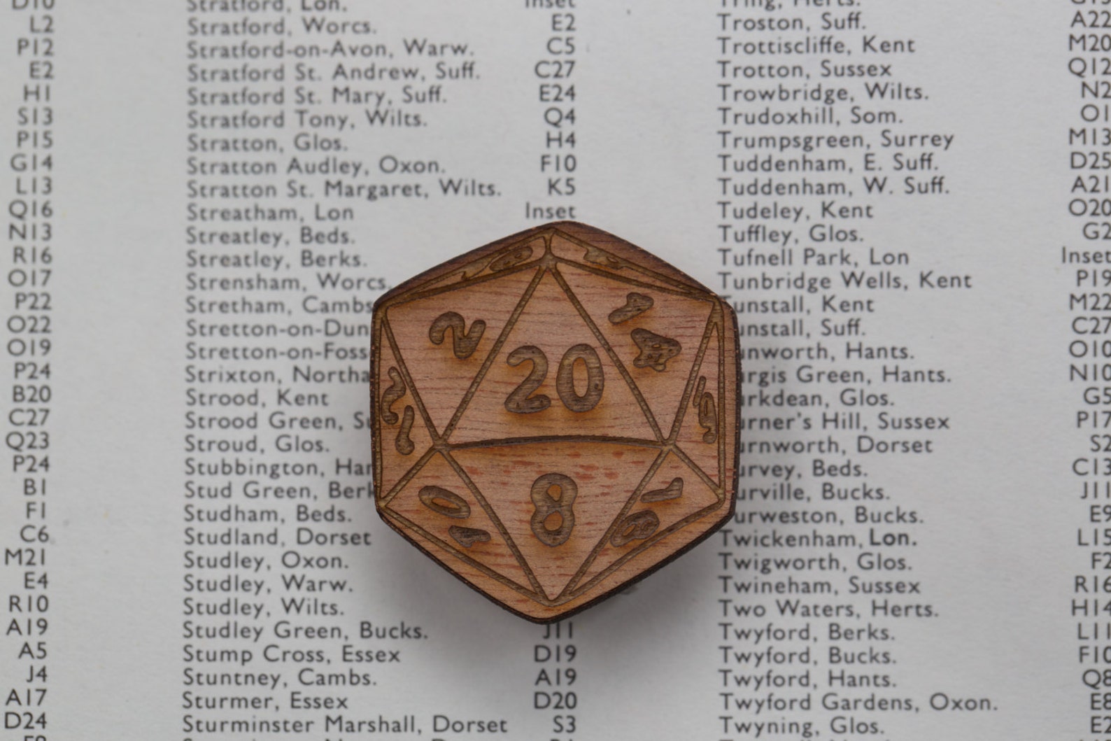 D20 Dice Pin Badge for All Adventuring Geeks ~ Wooden Laser Cut Brooch ...