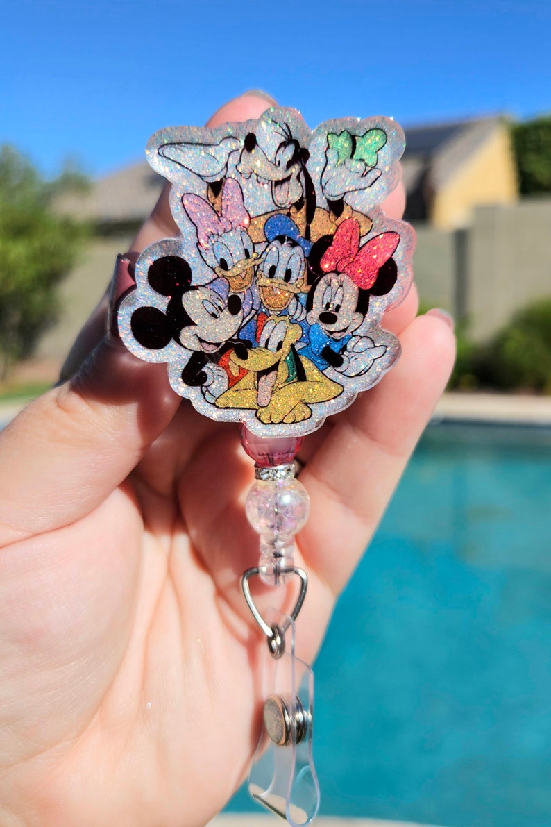 Glitter Badge Reel Retractable Permanent Badge Reel Fab 5 Mickey Goofy ...