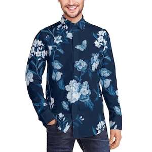 Floral Shirt Men, Navy Blue Shirt, Abstract Floral Shirt, Dark Blue ...